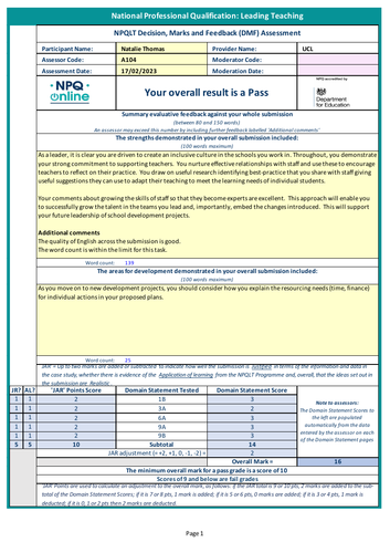 NPQLT Summative Assessment Responses, Final Grade & Feedback | Teaching ...