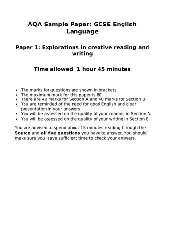GCSE AQA English Language Paper 1 Practice Using an extract based on ...