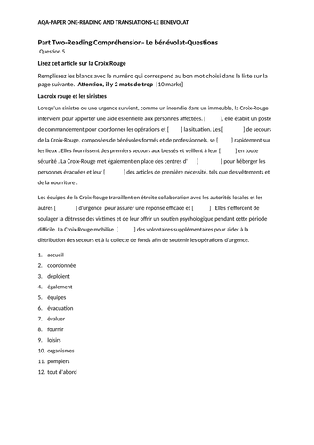 Le bénévolat-Paper 1 AQA Style A level French practice paper | Teaching ...