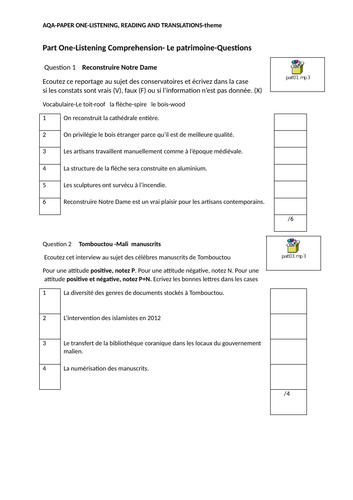 Le patrimoine-Paper 1 AQA style A level French practice paper ...