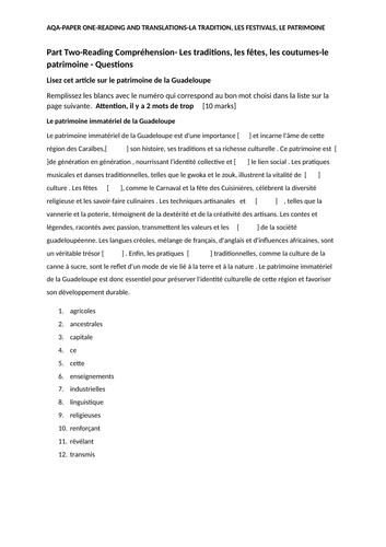 Le patrimoine-Paper 1 AQA style A level French practice paper ...