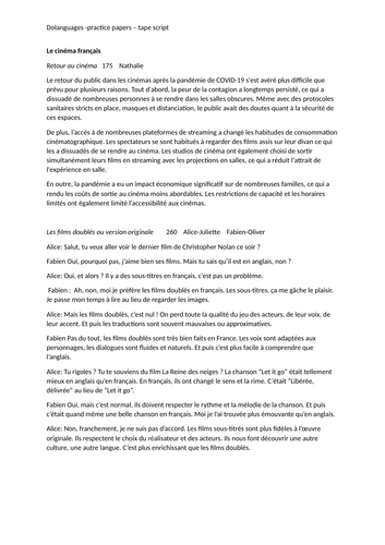 Le cinéma-Paper 1 AQA style A level French practice paper | Teaching ...