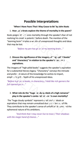 KEATS - WORKBOOK-When I Have Fears That I May Cease To Be' | Teaching ...