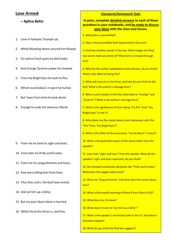 Love Armed by Aphra Behn - Full Lesson Activities - CIE Poetry iGCSE ...