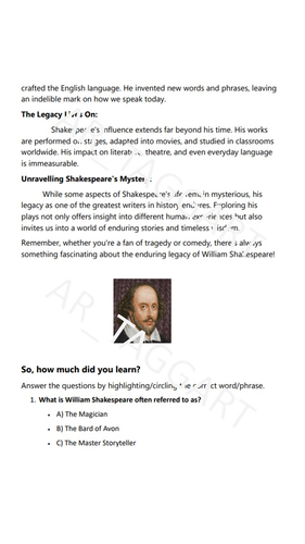 NON FICTION-SHAKESPEARE-COMPREHENSION | Teaching Resources