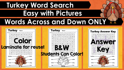 Turkey Word Search - Easy with a Label the Parts Version - Thanksgiving ...