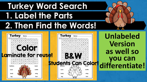 Turkey Word Search - Easy with a Label the Parts Version - Thanksgiving ...