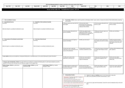 Revision Sheet - Russia and the USSR (Key Topic 2) | Teaching Resources