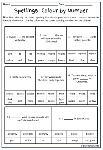 Christmas Colour by Number Spellings | Teaching Resources