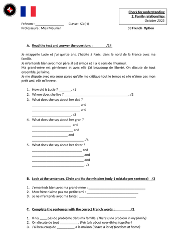 S3 Ma Famille - relationships ASSESSMENT | Teaching Resources
