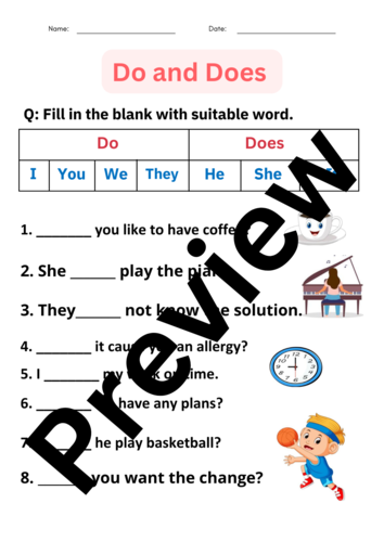 beginner Do and Does Worksheets With Answers for Grade 1, 2, 3 ...