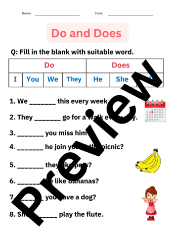 beginner Do and Does Worksheets With Answers for Grade 1, 2, 3 ...