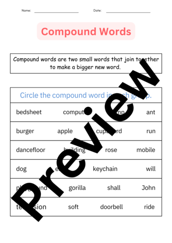 Printable Grammar Compound Words Worksheets and Activities for grade 1 ...