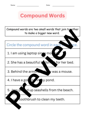 Printable Grammar Compound Words Worksheets and Activities for grade 1 ...