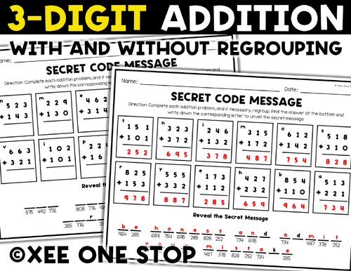 3 Digit Addition With & Without Regrouping Secret Code Words | Teaching ...