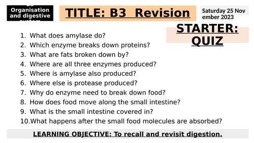 B3 Organisation and the Digestive system GCSE AQA | Teaching Resources