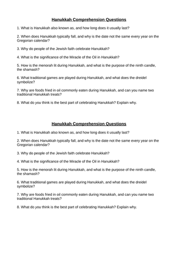 Hanukkah fact sheet with comprehension | Teaching Resources