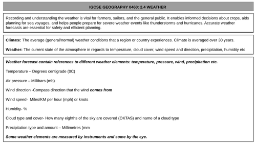 CIE IGCSE GEOGRAPHY 2.4 WEATHER KNOWLEDGE ORGANISERS | Teaching Resources