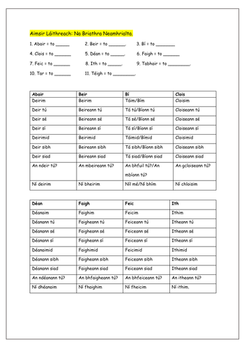 Aimsir Láithreach Na Briathra Neamhrialta Bileog Oibre | Teaching Resources