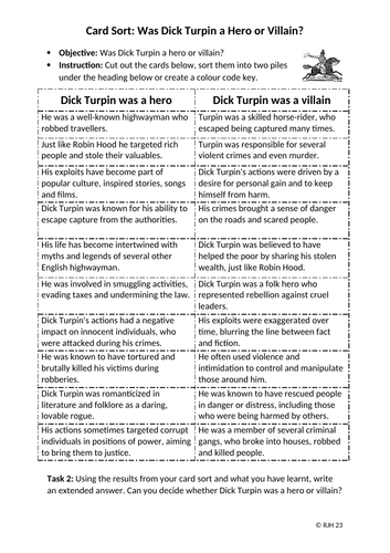 KS2 Card Sort: Dick Turpin - Hero or Villain? | Teaching Resources