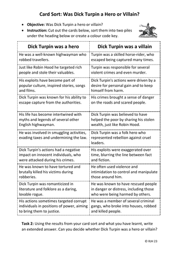 KS2 Card Sort: Dick Turpin - Hero or Villain? | Teaching Resources