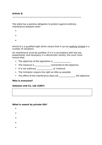 AQA Law Human Rights Article 8 Worksheet | Teaching Resources