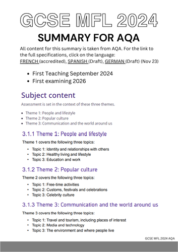 New GCSE MFL 2024 Summary of Exam Boards | Teaching Resources