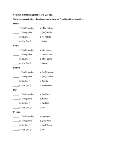 Commands matching practice (Tú, Ud, Uds.) | Teaching Resources