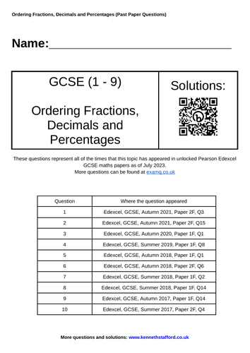 Ordering Fractions, Decimals and Percentages. GCSE Maths Past Paper ...