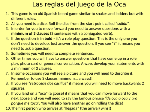 KS4 Spanish speaking game "El juego de la oca" on Unit 1 - Me, my ...