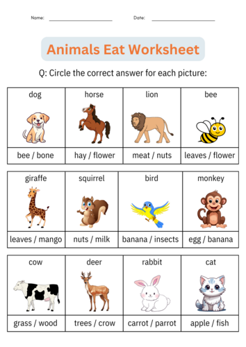What Do Animals Eat? - Matching Animals and Their Food Worksheets for ...