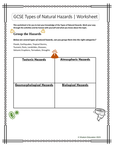 GCSE Geography - Types of Natural Hazards Worksheet | Teaching Resources
