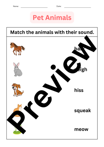 Printable Identifying and Mmatching Pet Animals Worksheet for Grade 1 ...