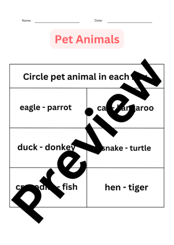Printable Identifying and Mmatching Pet Animals Worksheet for Grade 1 ...