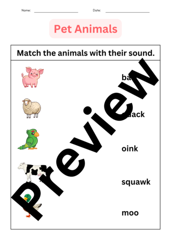 Printable Identifying and Mmatching Pet Animals Worksheet for Grade 1 ...