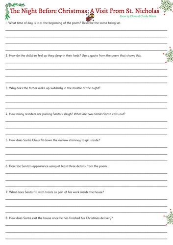 Night Before Christmas Poem Comprehension | Teaching Resources