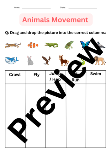 Preschool Movements of Animals Worksheets for Kindergarten | Teaching ...