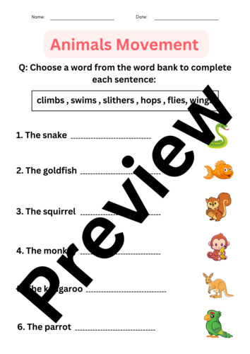 Preschool Movements of Animals Worksheets for Kindergarten | Teaching ...