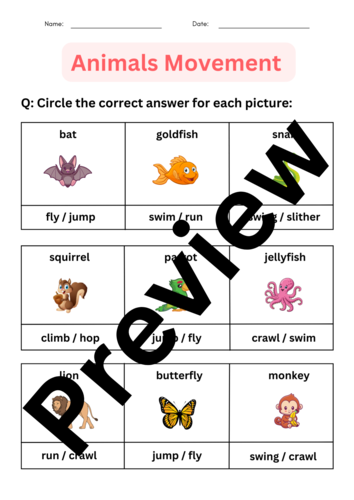 Preschool Movements of Animals Worksheets for Kindergarten | Teaching ...