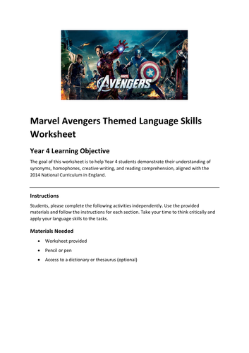 Year 4 Marvel Avengers English worksheet/activities | Teaching Resources
