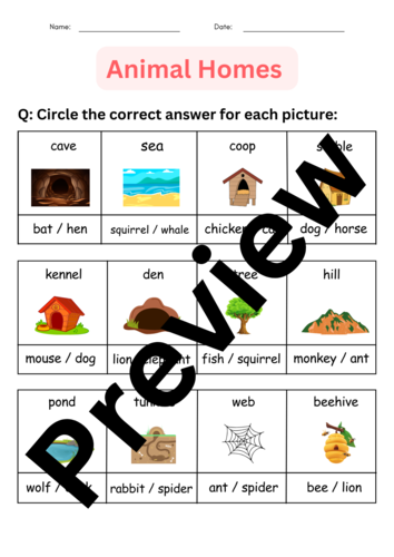 Printable Preschool Animals and Their Homes Worksheets for Grade 1, 2 ...