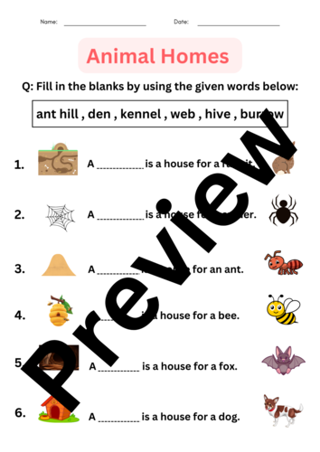 Printable Preschool Animals and Their Homes Worksheets for Grade 1, 2 ...