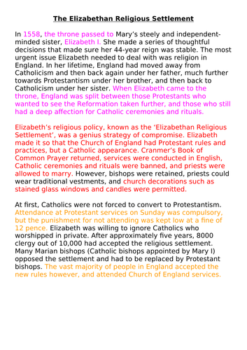 Elizabeth I’s Religious Settlement | Teaching Resources