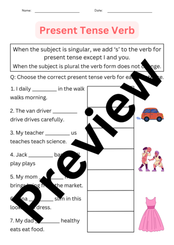 Printable Grammar Simple Present Tense Verb Worksheets With Answers for ...