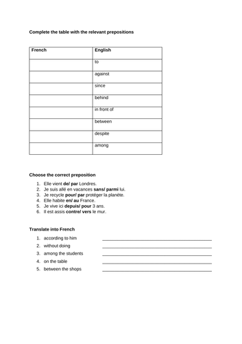 French - Prepositions and conjunctions | Teaching Resources