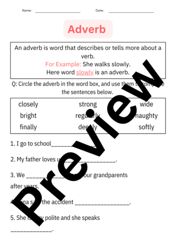 Printable Identifying Adverbs Grammar Worksheet for Kindergarten ...