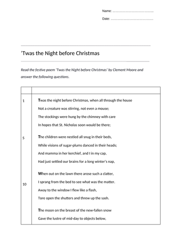 'Twas the Night Before Christmas Comprehension | Teaching Resources