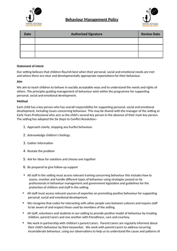 Early Years Behaviour Management Policy | Teaching Resources
