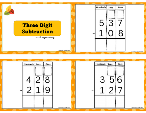 Three Digit Subtraction with regrouping | Math Fact Fluency TaskCards ...