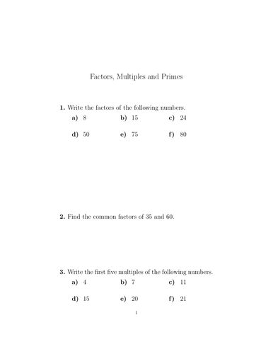Factors, Multiples and Primes worksheet (with detailed solutions ...